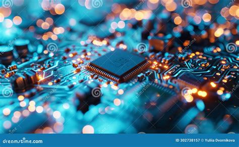 technology digital binary data on microchip with glow circuit board