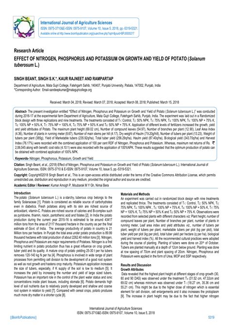 (PDF) Effect of Nitrogen, Phosphorus and Potassium on Growth and Yield of Potato (Solanum ...