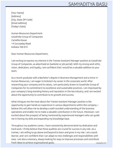 Cover Letter For Trainee Assistant Manager Lazyapply
