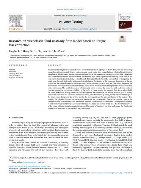 Pdf Research On Viscoelastic Fluid Unsteady Flow Model Based On
