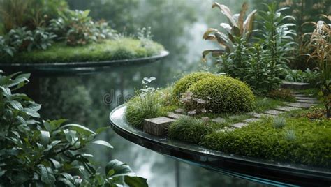 Floating Gardens With Greenery And Plants In A Misty Setting Near A