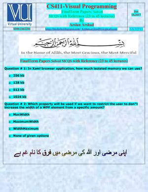 CS Midterm Solved MCQS By Junaid CS VISUAL PROGRAMMING SOLVED MCQs FROM MIDTERM