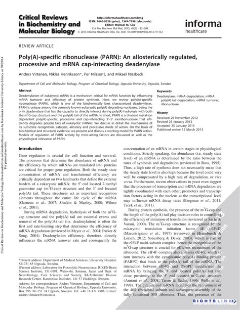Pdf Polya Specific Ribonuclease Parn An Allosterically Regulated