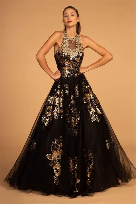 Black And Gold Halter Prom Dress