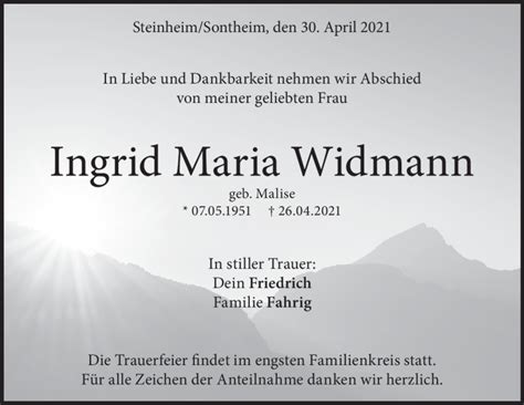 Traueranzeigen Von Ingrid Widmann Trauer Hz De