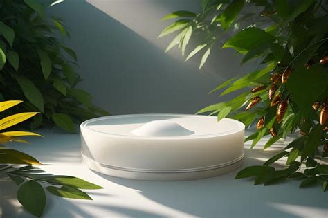 제품 프레젠테이션을 위한 열대 우림의 원형 대리석 연단 및 천연 미용 제품 향수 화장품 목업을 위한 녹색 벽 3d 생성 Ai 프리미엄 사진