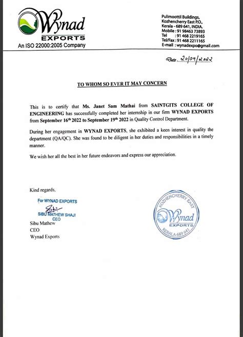Janet Sam Mathai On Linkedin Completed Internship In Wynad Exports
