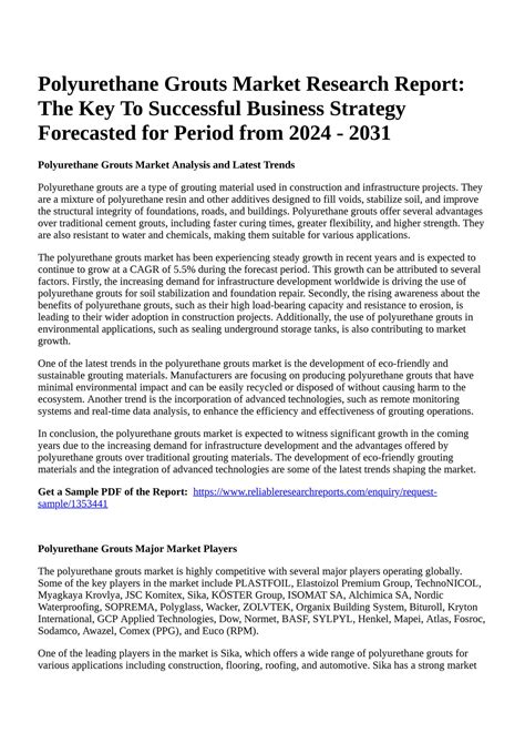 Reportprime Polyurethane Grouts Market Research Report The Key To