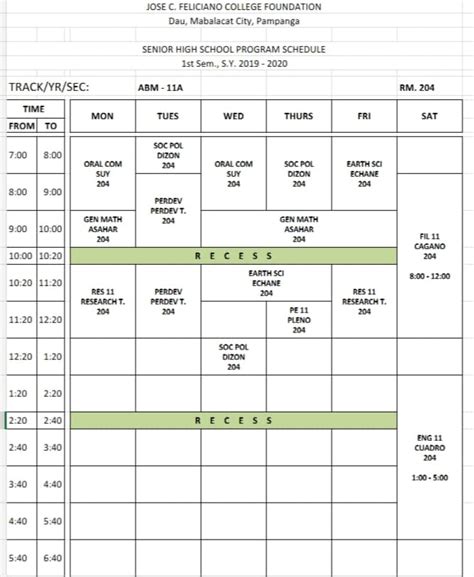 Grade 11 Class Schedule Jcfc Senior High School Department Facebook
