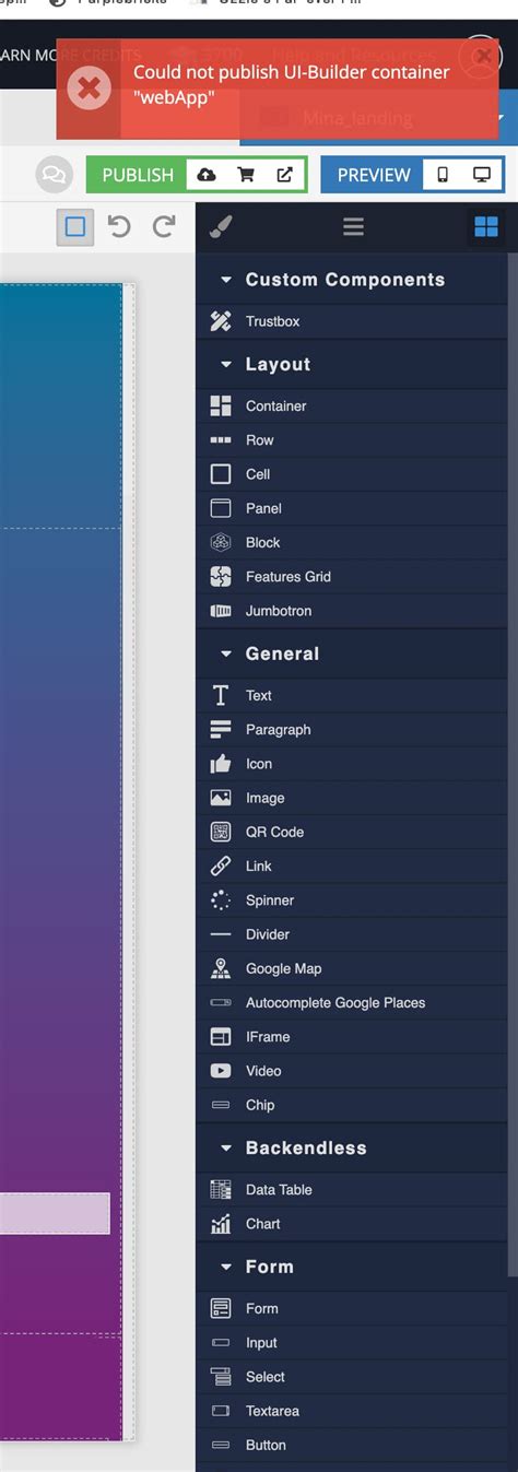 Can T Publish My Ui Builder Container To The Web Ui Builder Backendless Support