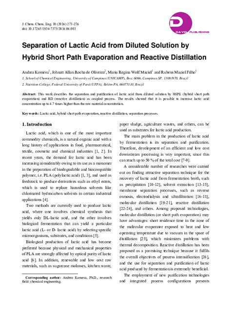 Pdf Separation Of Lactic Acid From Diluted Solution By Hybrid Short Path Evaporation And