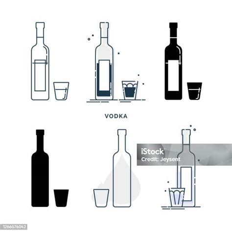 다른 스타일의 보드카병과 안경 세트 레스토랑 바 술집을위한 템플릿 알코올 음료 기호 파티입니다 한 잔의 음료를 수집합니다 흰색 배경에 격리 된 평면 그림 0명에 대한 스톡