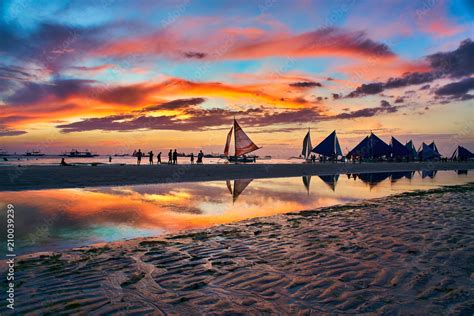 Beautiful Boracay Island Beach Sunset In Catican Philippines Stock