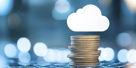 클라우드 컴퓨팅 및 온라인 스토리지 서비스 개념 파란색 보케 밝은 배경을 가진 동전 더미에 있는 클라우드 아이콘 구름 동전 상 배경 일러스트 및 사진 무료 다운로드