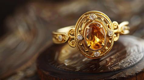 Gold Ring With Amber Gemstone And Intricate Metalwork On Textured