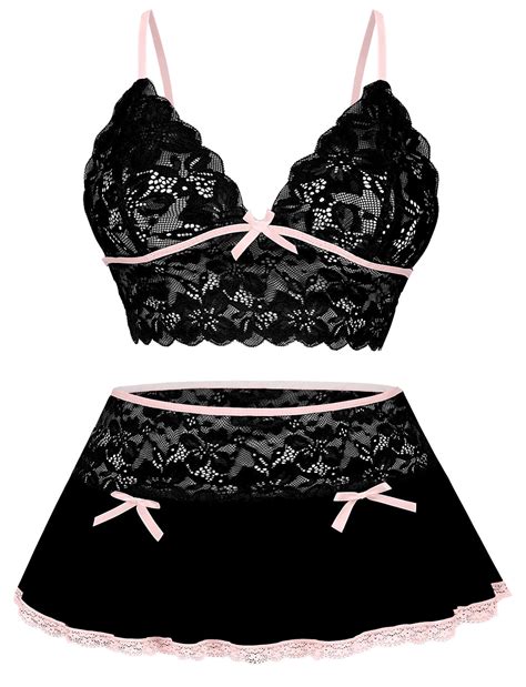 Ausing Lingerie Sets For Women Lace Mini Skirt Bra Sexy Floral Mesh Bow