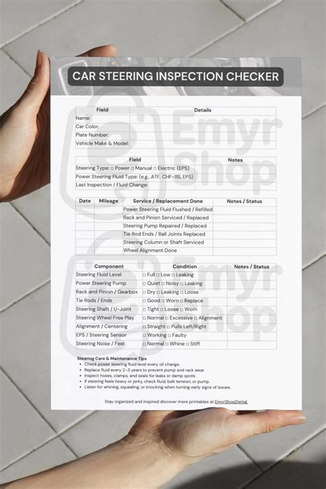 Car Steering System Inspection Checklist Printable Maintenance Tracker