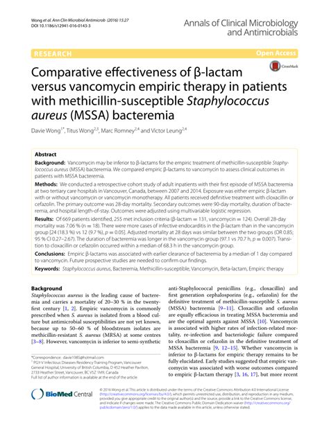 Pdf Comparative Effectiveness Of β Lactam Versus Vancomycin Empiric
