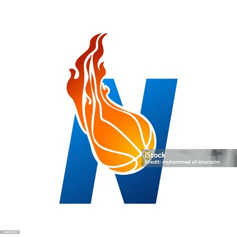 initial letter n basketball logo concept with fireball stock