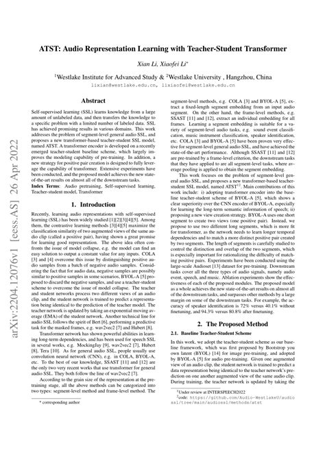 PDF ATST Audio Representation Learning With Teacher Student Transformer