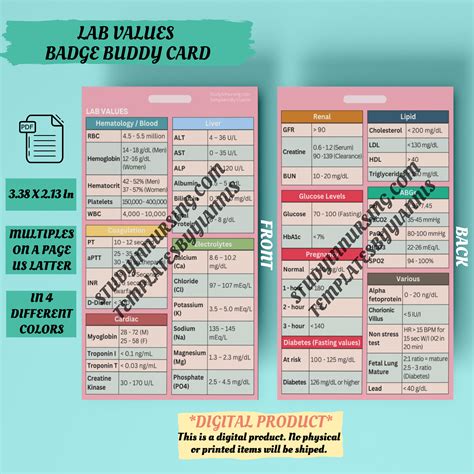 Lab Values For Nursing Reference Card Medical Reference Badge Buddy Card Nursing Babe