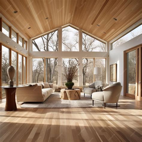 Una Sala De Estar Con Un Ventanal Que Tiene Un Gran Ventanal Que Tiene Vista A Los árboles