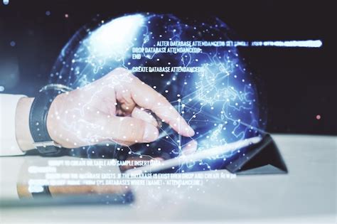 Premium Photo Multi Exposure Of Abstract Creative Coding Sketch With World Map And Finger