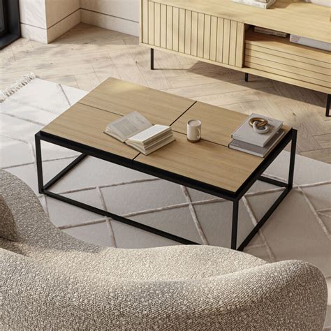 Table Basse 4 Plateaux Modulables 120x75x45 Cm Décor Chêne Et Noir