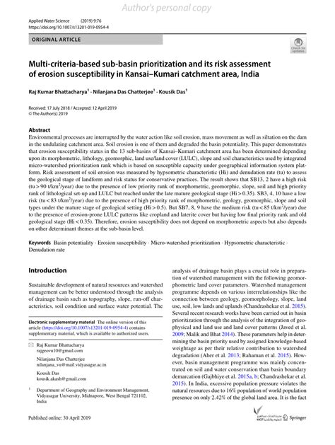 Pdf Multi Criteria Based Sub Basin Prioritization And Its Risk