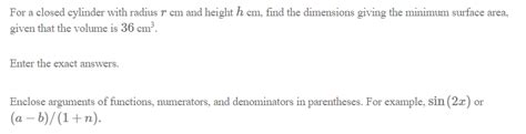 solved for a closed cylinder with radius r cm and height h