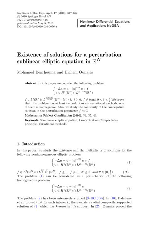 Pdf Existence Of Solutions For A Perturbation Sublinear Elliptic Equation In ℝn