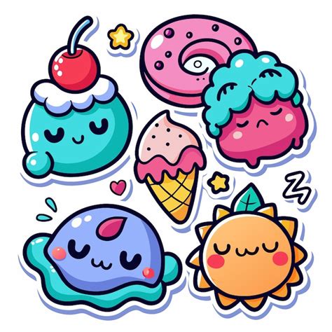 Cartoon Stickers Of Various Desserts A Sun And A Blob With Cute Faces