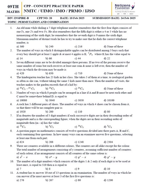 N1 9th Inspire B Maths Permutation And Combination Cpp 20 Date 18 02 2025 Pdf Linguistics
