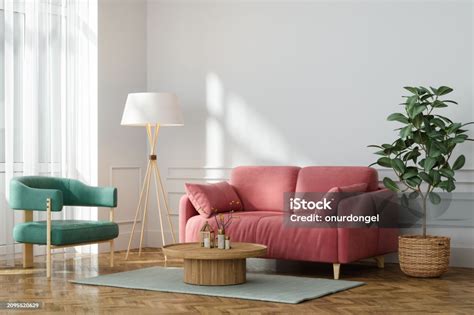 분홍색 소파 녹색 안락의자 화분에 심은 식물과 플로어 램프가 있는 현대적인 거실 인테리어 거실에 대한 스톡 사진 및 기타 이미지 Istock