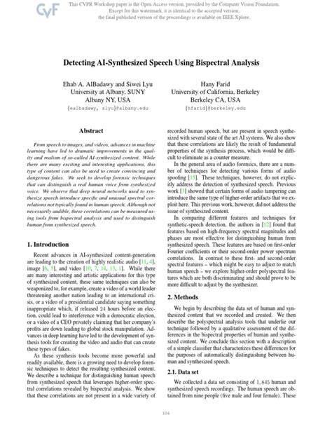 Detecting Ai Synthesized Speech Using Bispectral Analysis Pdf Speech Synthesis Receiver