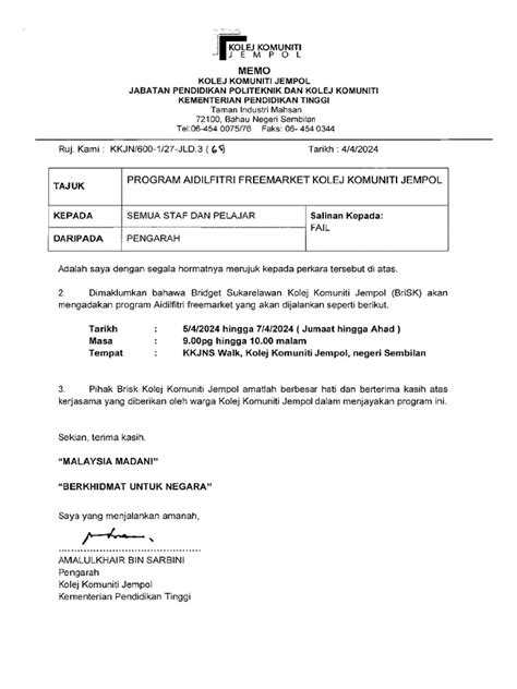 Memo Program Aidilfitri Freemarket Kolej Komuniti Jempol Pdf