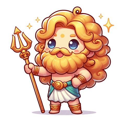 마스코트 로고를 위한 삼지창과 제우스 전사 만화 벡터 디자인을 갖춘 귀여운 포세이돈 치비 삼지창과 제우스 전사와 함께 있는 귀여운 포세이돈 꼬마 마스코트 로고를 위한