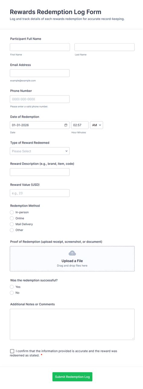 Rewards Redemption Log Form Template Jotform