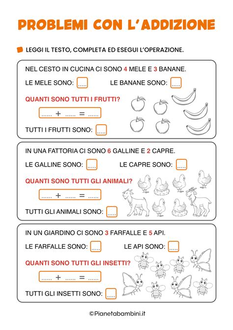 Problemi Illustrati Con Laddizione Per La Classe Prima Pianetabambiniit