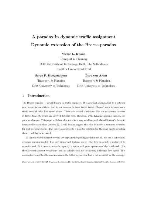 Pdf A Paradox In Dynamic Traffic Assignment Dynamic Extension Of The Braess Paradox