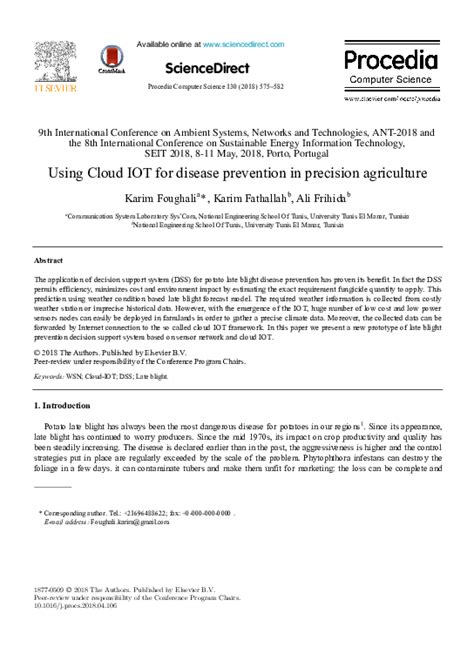 Pdf Using Cloud Iot For Disease Prevention In Precision Agriculture