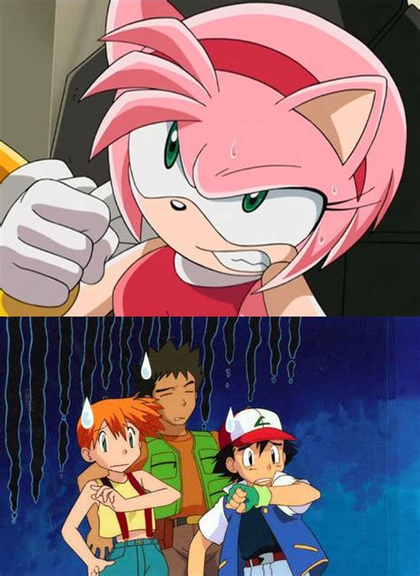 Ash Misty And Brock Creeped Out By Amy Roses Rage By Kikibelliboo On