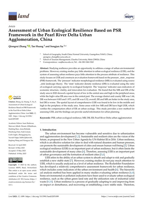 Pdf Assessment Of Urban Ecological Resilience Based On Psr Framework In The Pearl River Delta