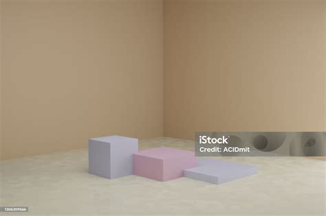 차분한 파스텔 색상의 사각형 연단과 3d 모델링 장면 간단한 기하학적 요소로 빈 쇼케이스 모형 화장품 프레젠테이션을 위한 빈