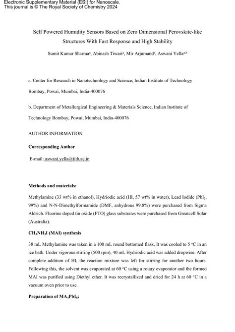 PDF Self Powered Humidity Sensors Based On Zero Dimensional Perovskite Like Structures With