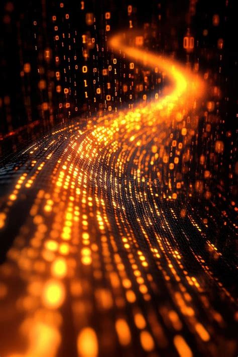 Abstract Digital Art Glowing Orange And Gold Binary Code Swirling Path Dark Background Stock