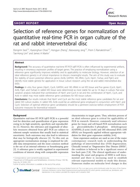 Pdf Selection Of Reference Genes For Normalization Of Quantitative Real Time Pcr In Organ