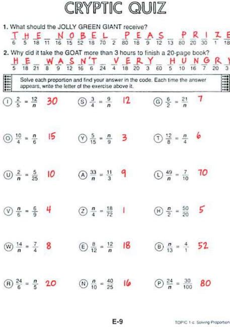 Cryptic Quiz Math Worksheets Answers