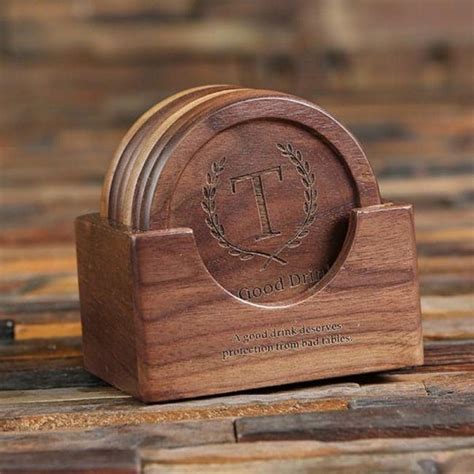 Set Of 6 Engraved Monogram Round Wooden Coasters Zazzle Engraved