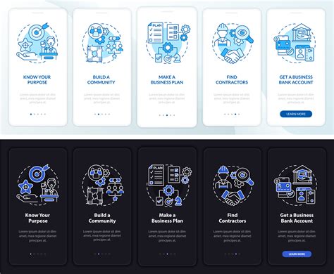 Business Launching Tips Onboarding Mobile App Page Screen Startup Walkthrough 5 Steps Graphic